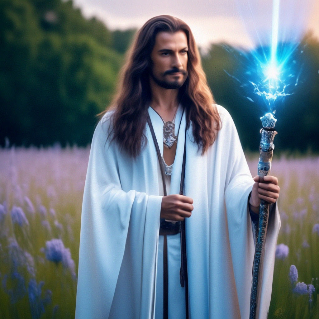 "A beautiful staff with light inside and blue sparks in the hand of a ...