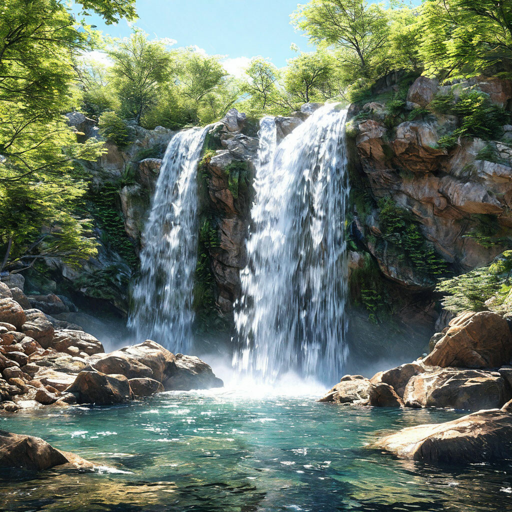 "Waterfall in a sunny clearing image 9d waterfall drops glisten in the ...