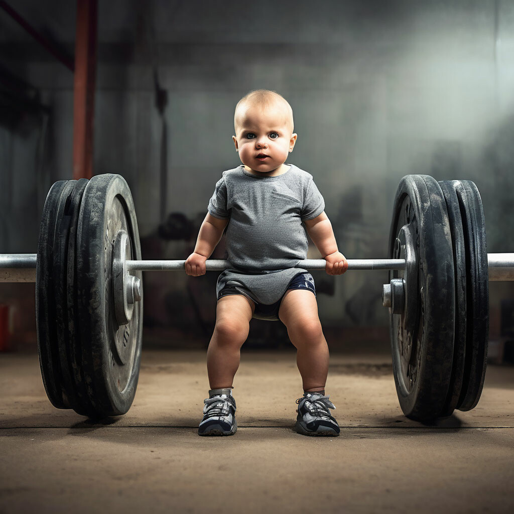 "The baby does a deadlift of 200 kg" — image created in Shedevrum