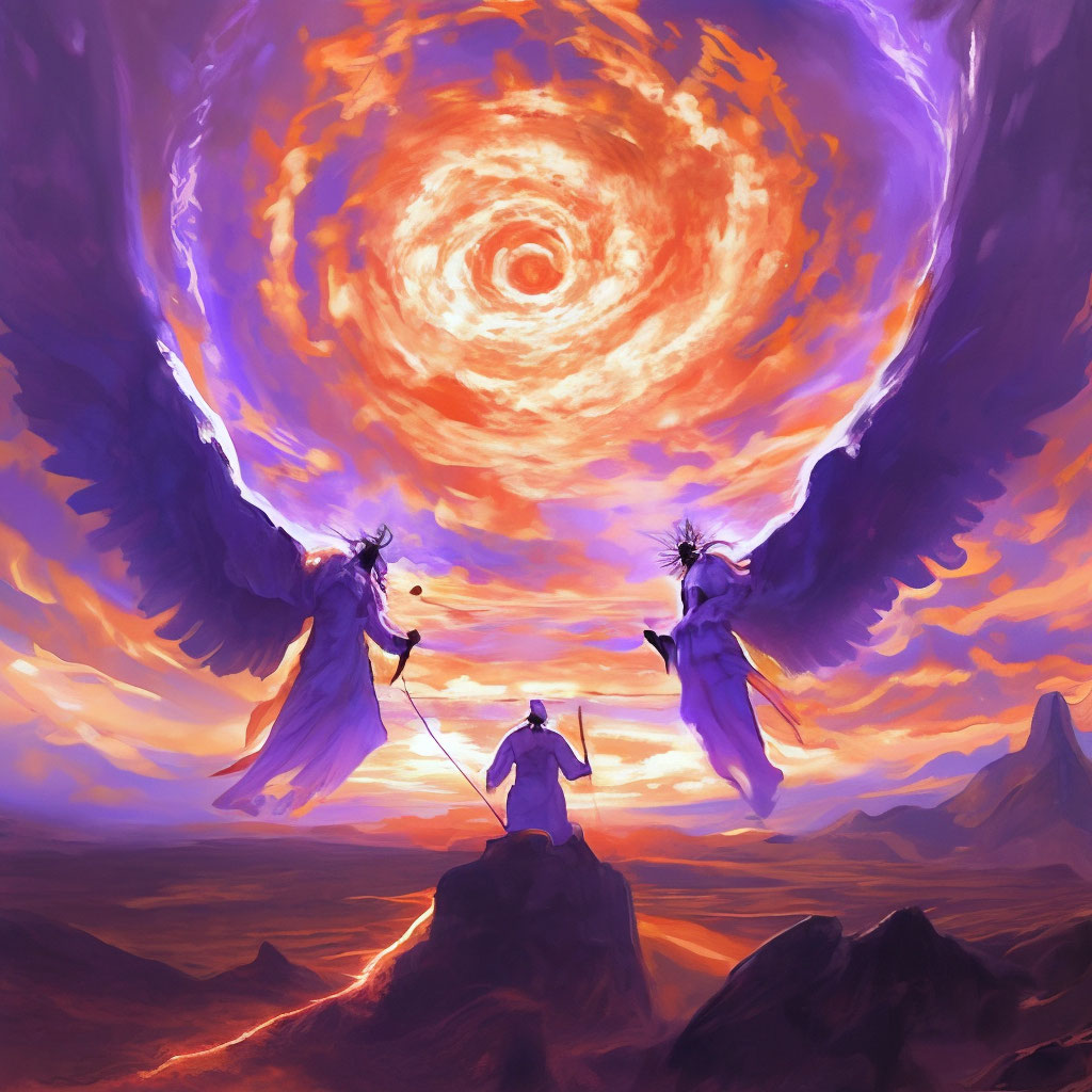 "Two huge angels in armor soaring in the sky, monks on the scorched ...