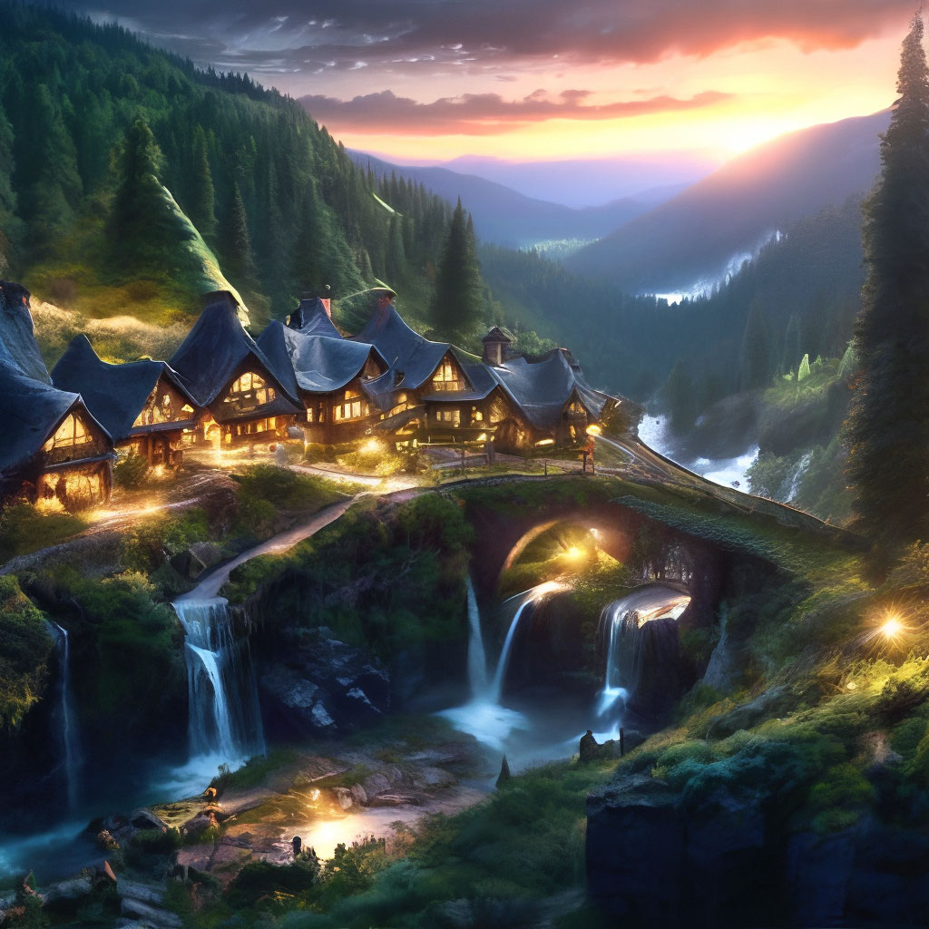 "Fabulous hobbit village, fabulous mountain landscape, forest sunset ...