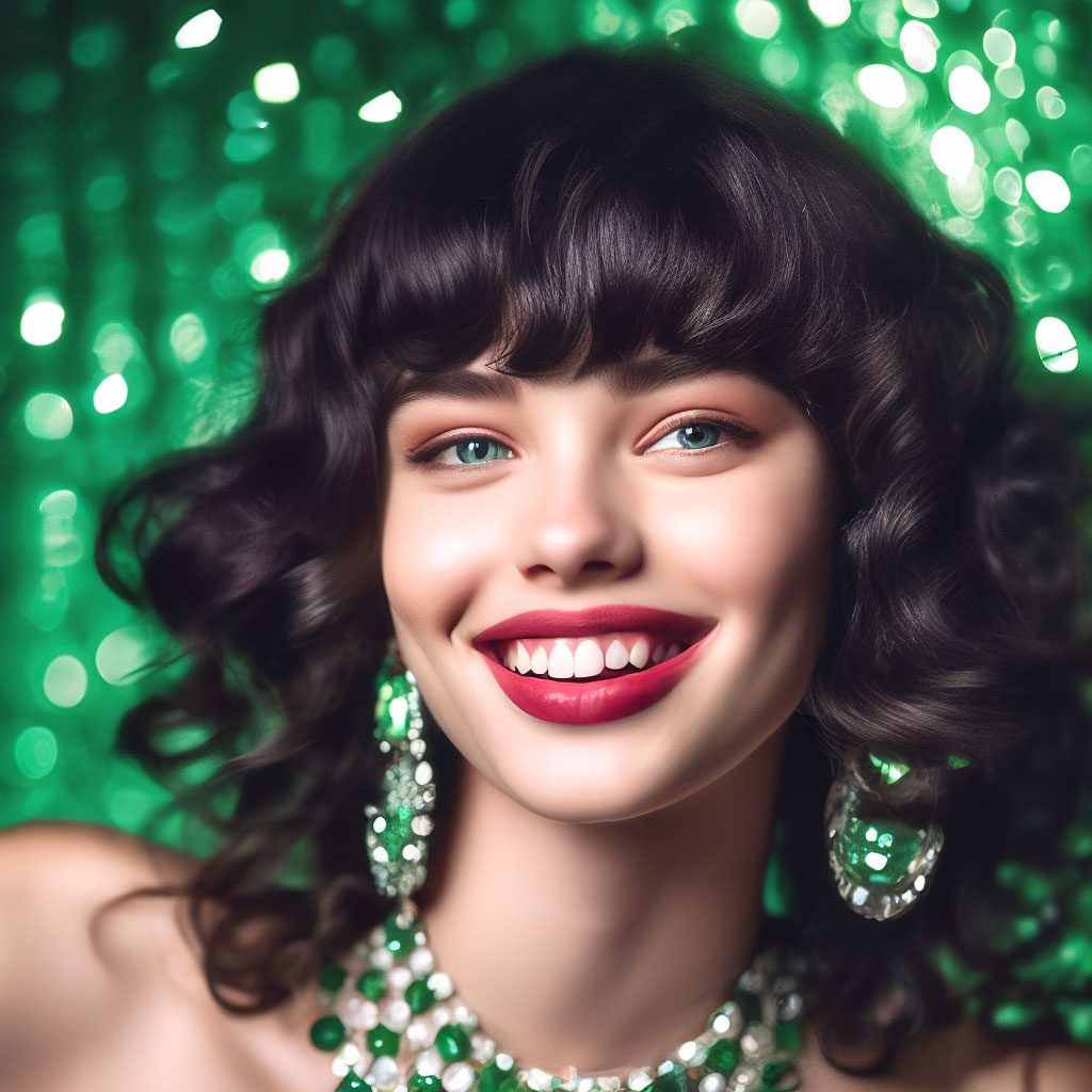 "Slanted face of a girl smiling in a smile with diamonds on her teeth ...