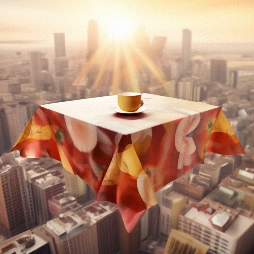 "Good morning! samobranka tablecloth flies over the city, surrealism ...