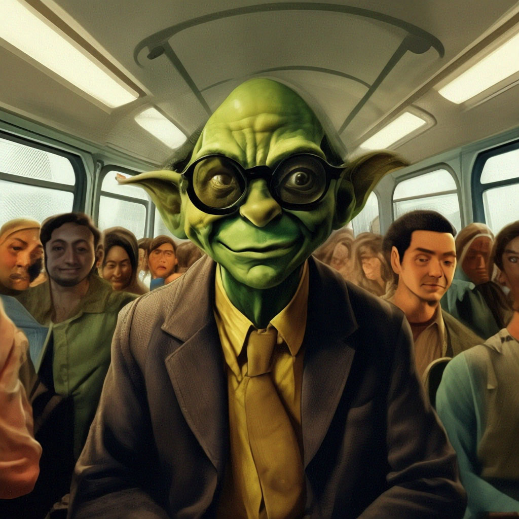 "A goblin with glasses rides a bus to work in a crowd of people ...