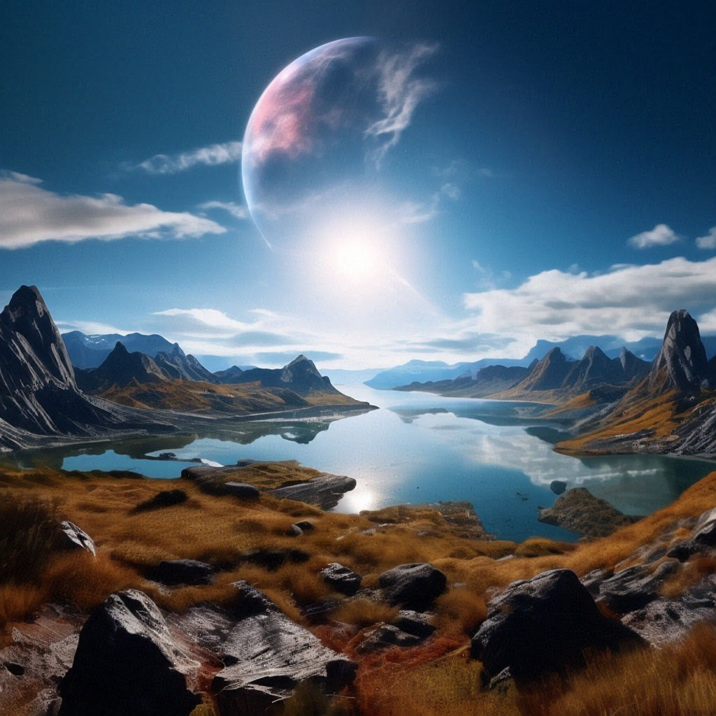 "Kepler 452b, panoramic landscape, up close, hyperrealism, hyper ...