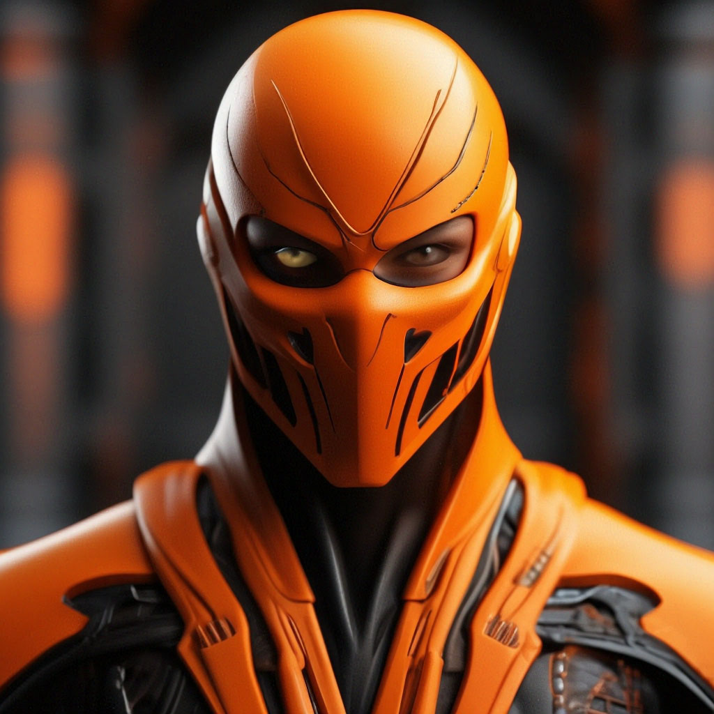 "Orange ninja with orange smoke in his eyes, in the style of mortal ...