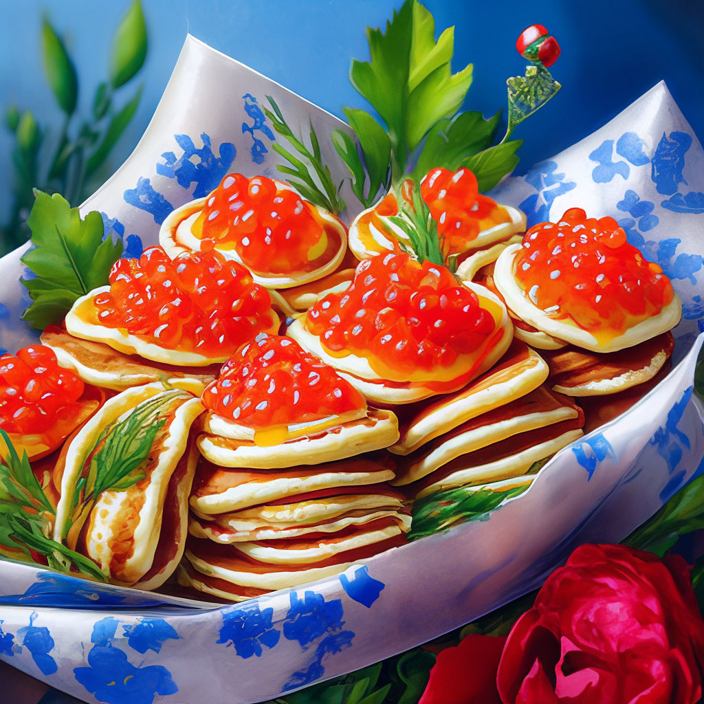 "A bouquet of pancakes with caviar and red fish heperdetalization clear ...