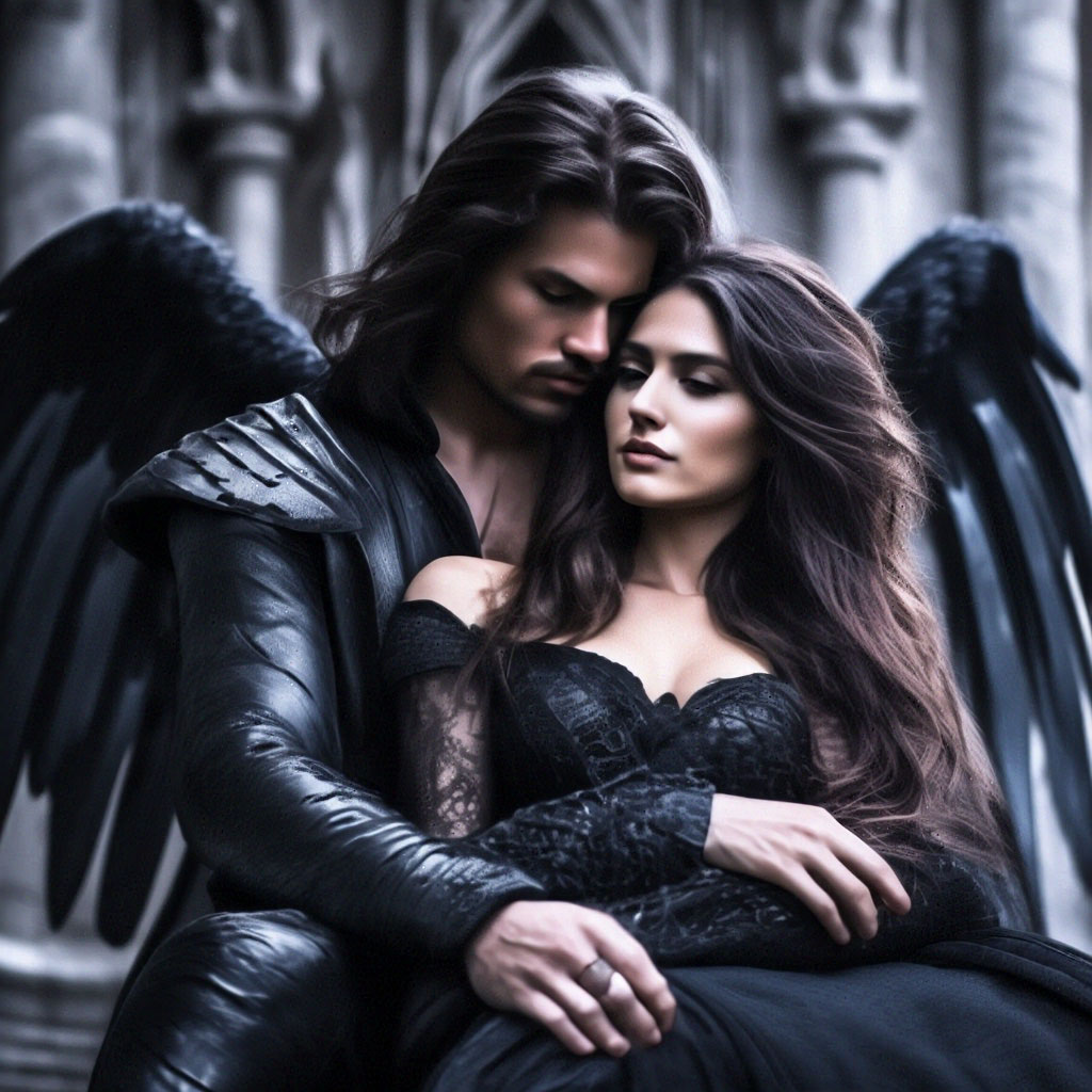 "Dark Fallen angel, godlike, majestic, holding a female human in his ...