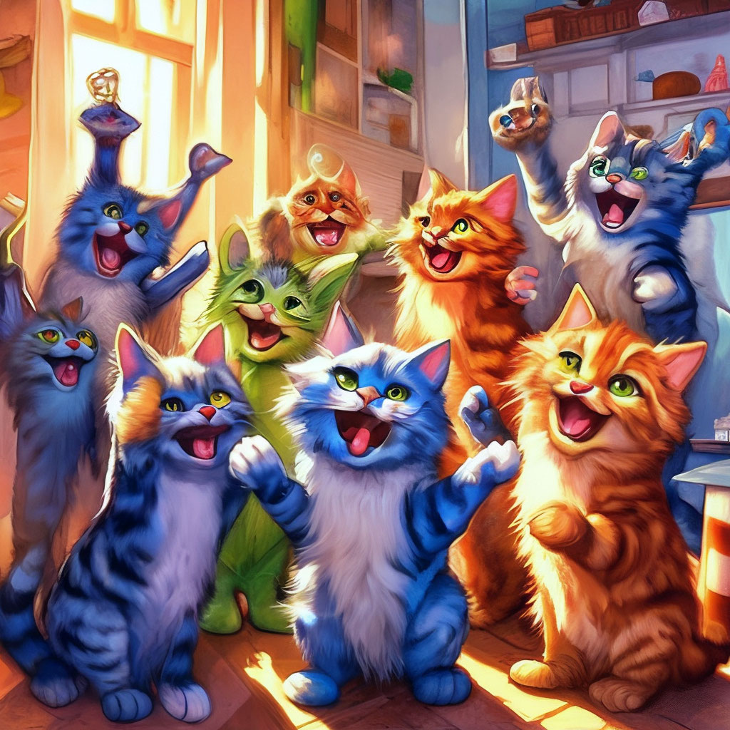". Ten strange awkward shaggy cartoon cats are standing in the kitchen ...