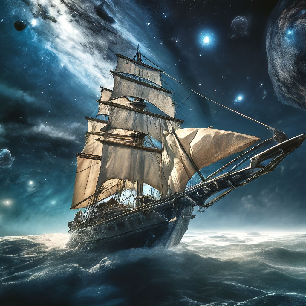 "A sailing galley with ragged sails sails through space past planets ...