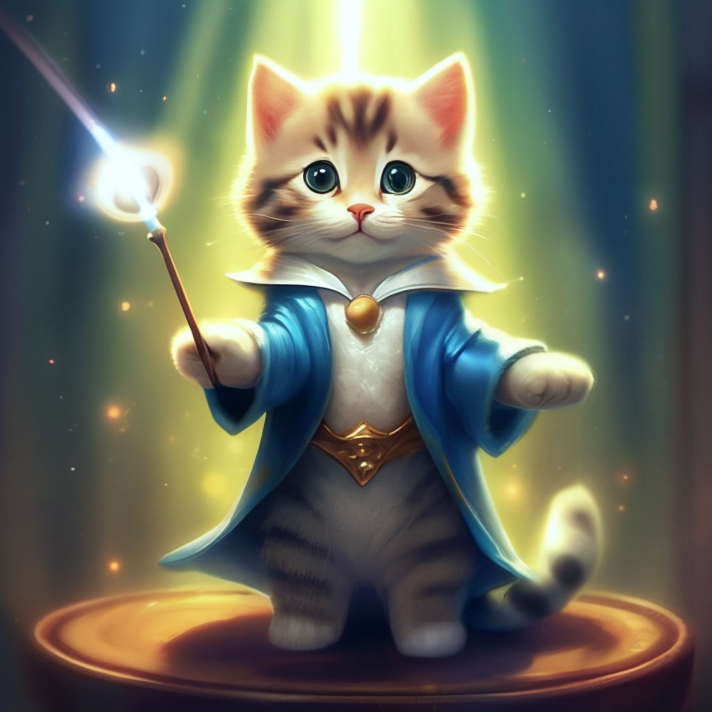 "The little cat magician stands on his hand on two paws, the blades ...