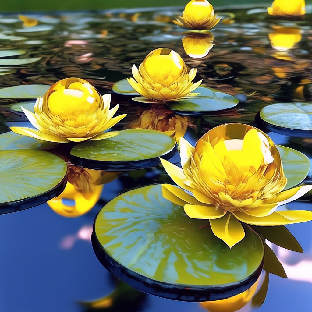 "Water lilies yellow crystal balls on the background of lily pads,water ...