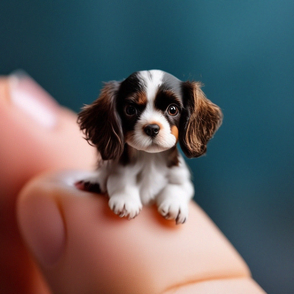 "A beautiful dwarf spaniel sits on a micro finger" — image created in ...