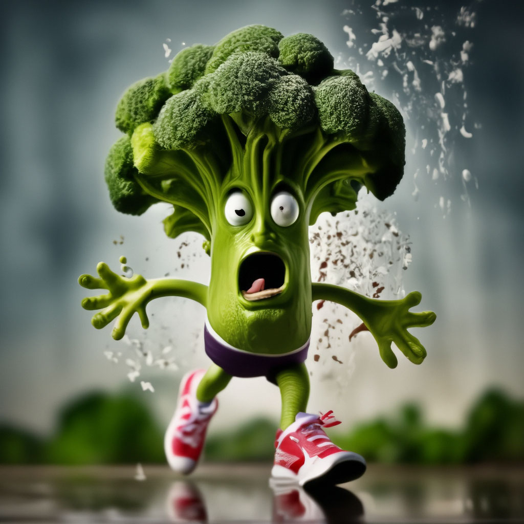 "Scared broccoli with eyes in underpants and sneakers" — image created ...