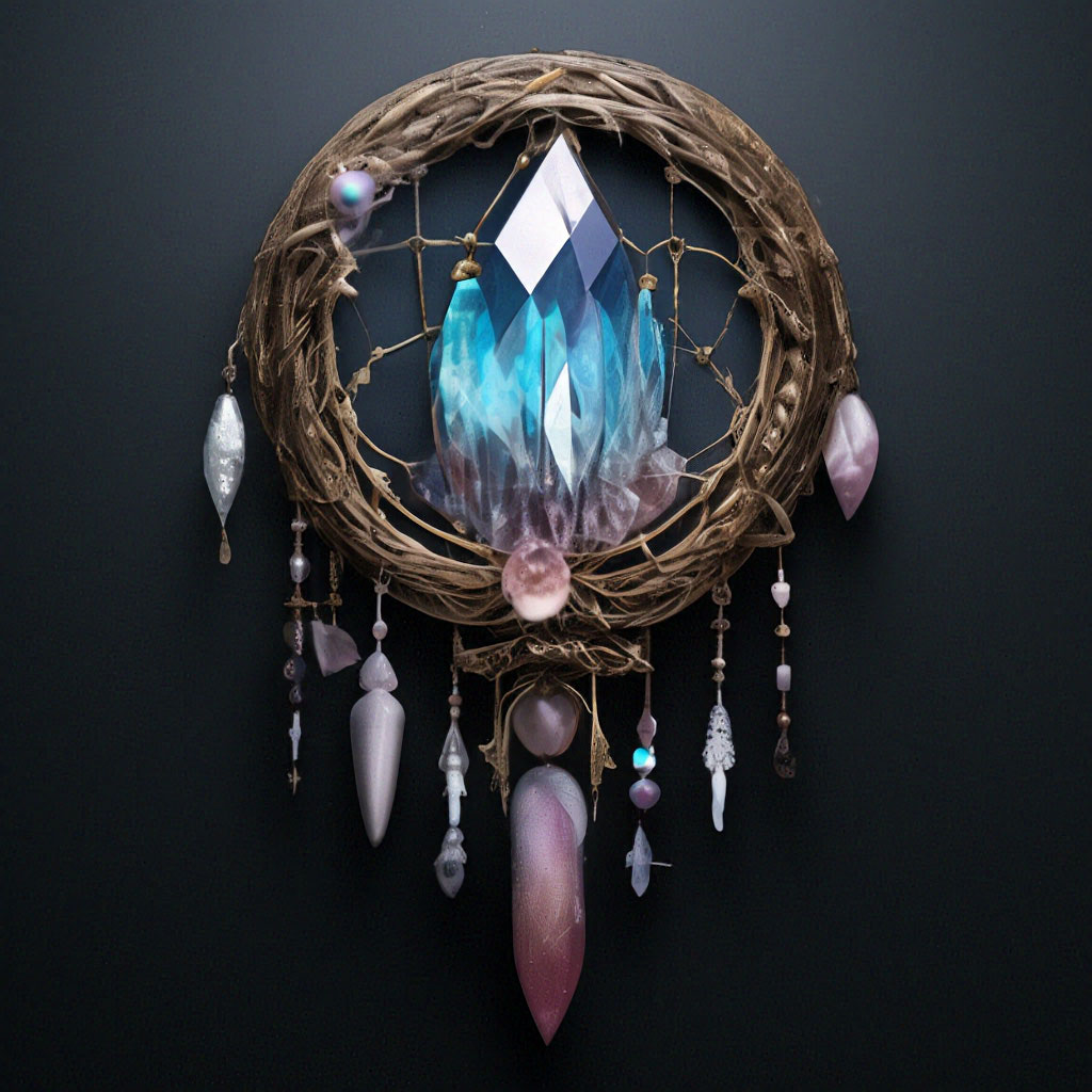 "Crystal dreamcatcher, crystals, stardust pearl smoke, magic, fantasy ...