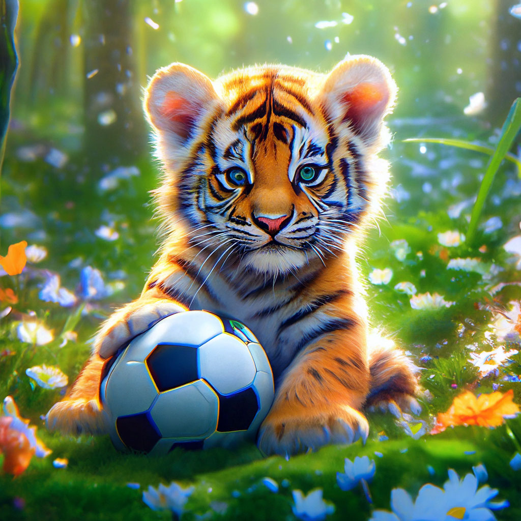 "🐯⚽️ beautiful mimicry fluffy funny tiger cub, sitting in the grass ...