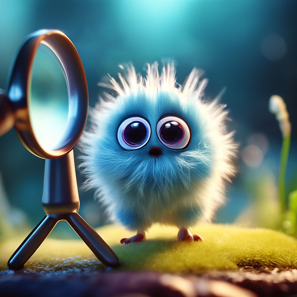 "Surrealism, a small fluffy, cute, pop-eyed microbe looks at me through ...