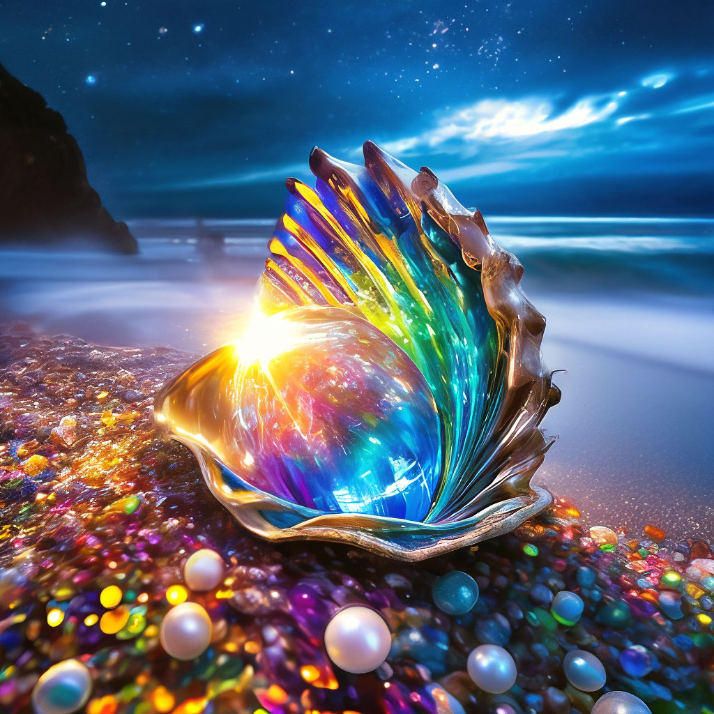 "An open shell woven of lightning on the shimmering star dust shore of ...