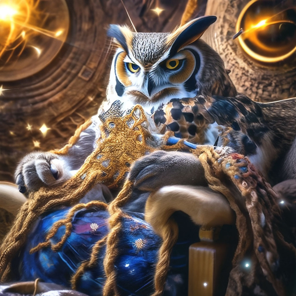 "The horned owl grandmother sits on a cozy cosmic throne, knitting with ...