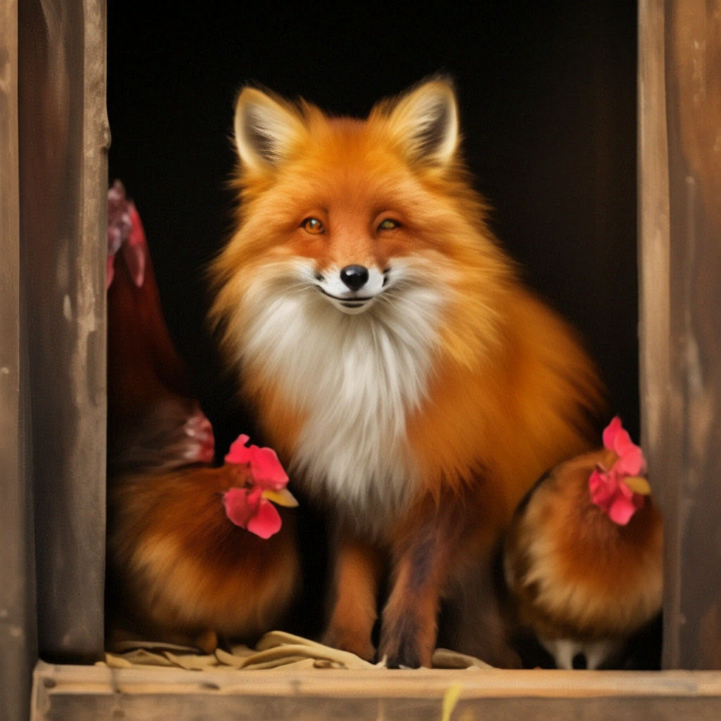 "A beautiful fluffy fox climbed into a chicken coop, where chickens and ...