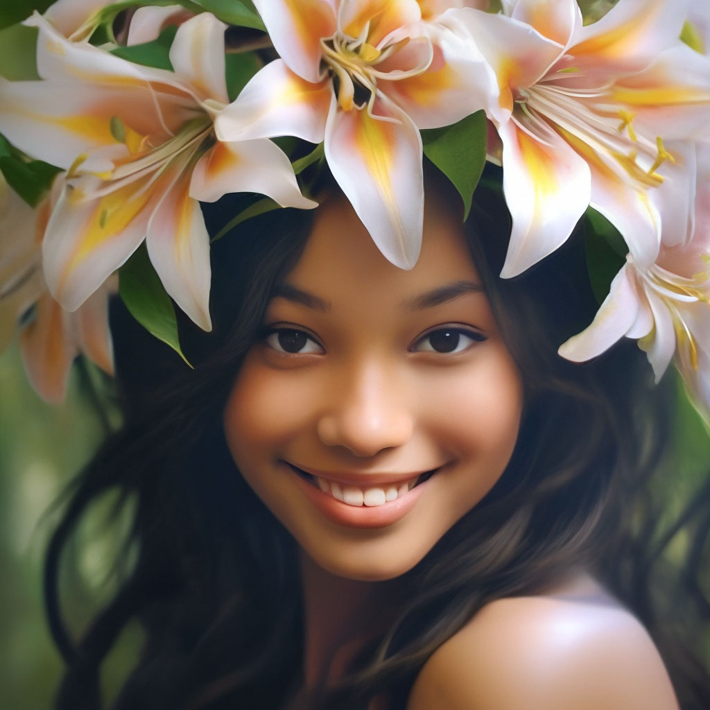 "Wreath of delicate lilies on the head of a dark-haired girl, smile ...