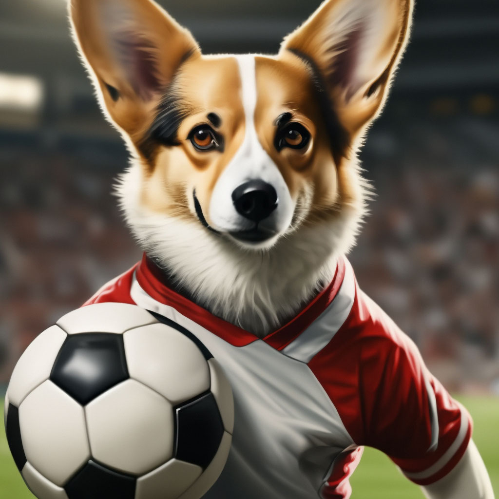 "Humanoid dog soccer player , corgi, high quality, soccer world cup ...