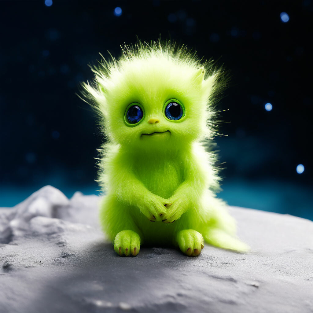 "A small fluffy alien animal of lime color is sitting on the moon ...
