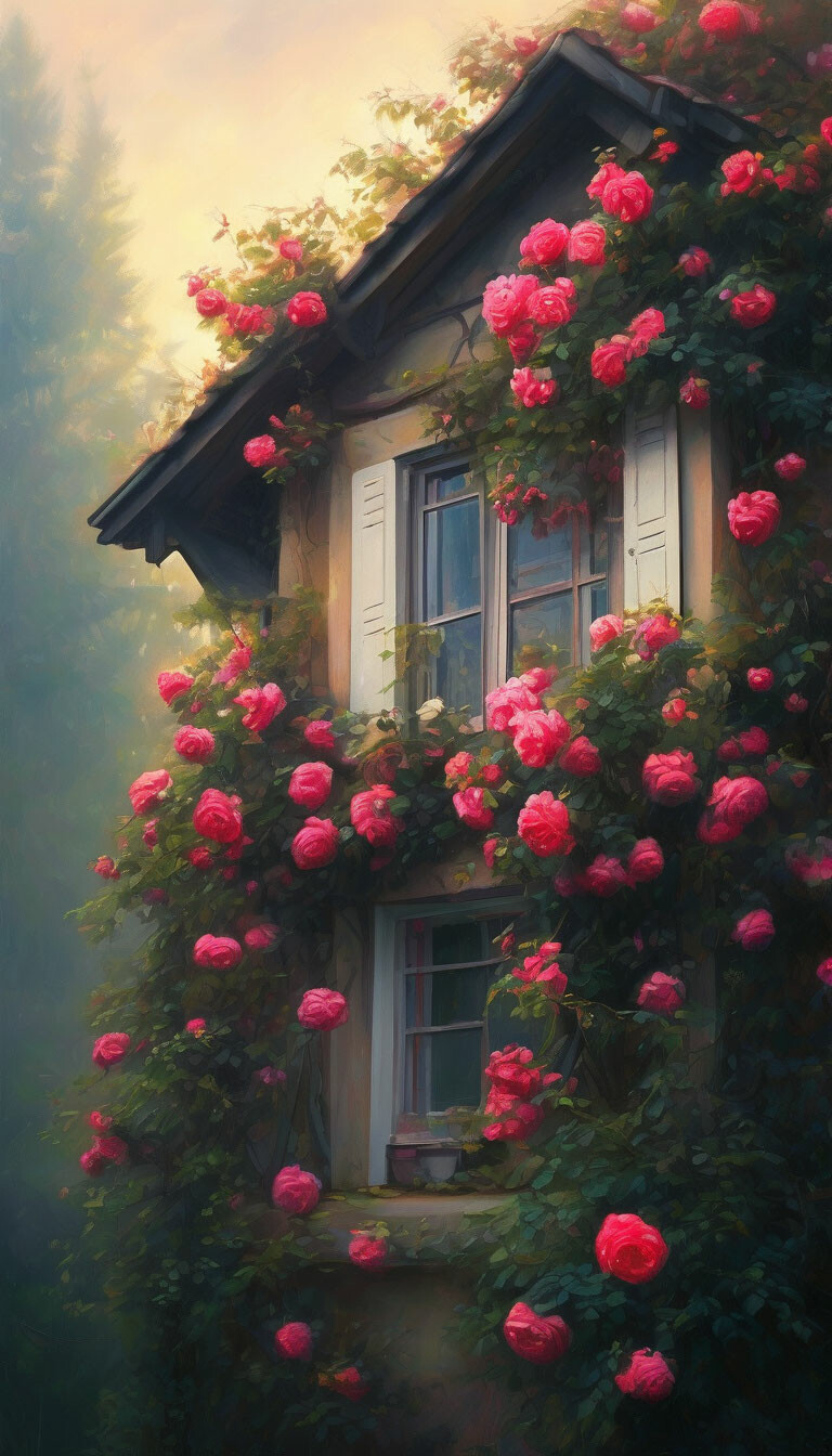 "Climbing roses on the background of a forest thicket, dawn, aesthetics ...