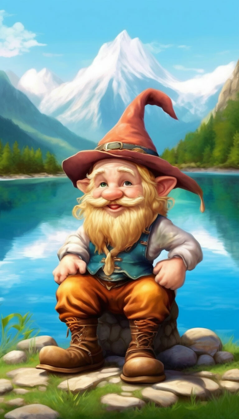 "A kind cartoon dwarf is sitting on the shore of the lake. hat. vest ...