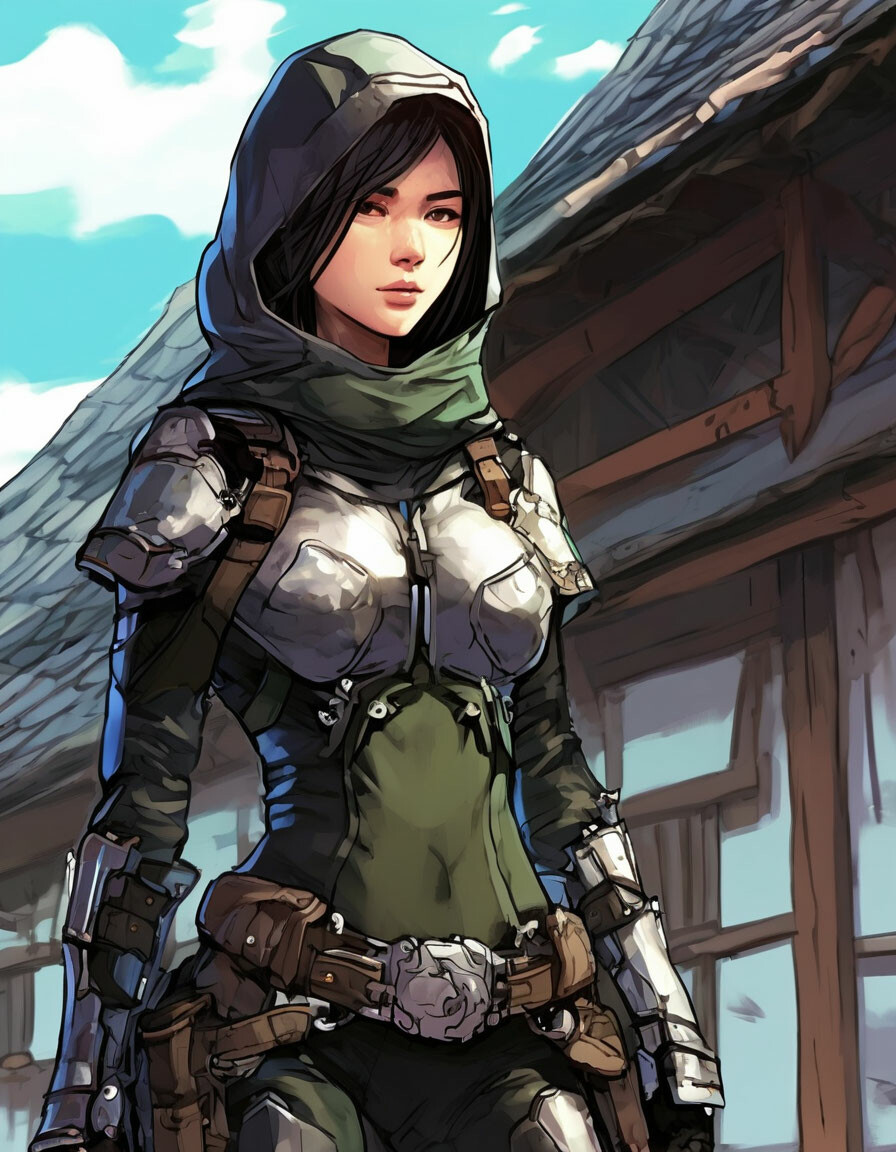 "Comic, cel shading, a girl in an elegant tight-fitting scaly jumpsuit ...