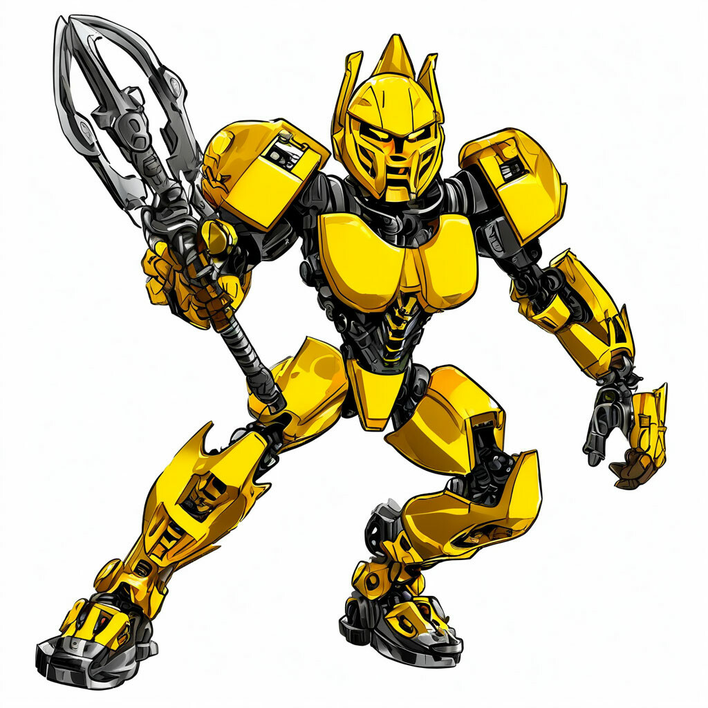 "White background, drawn bionicle comic,yellow toa warrior, full height ...