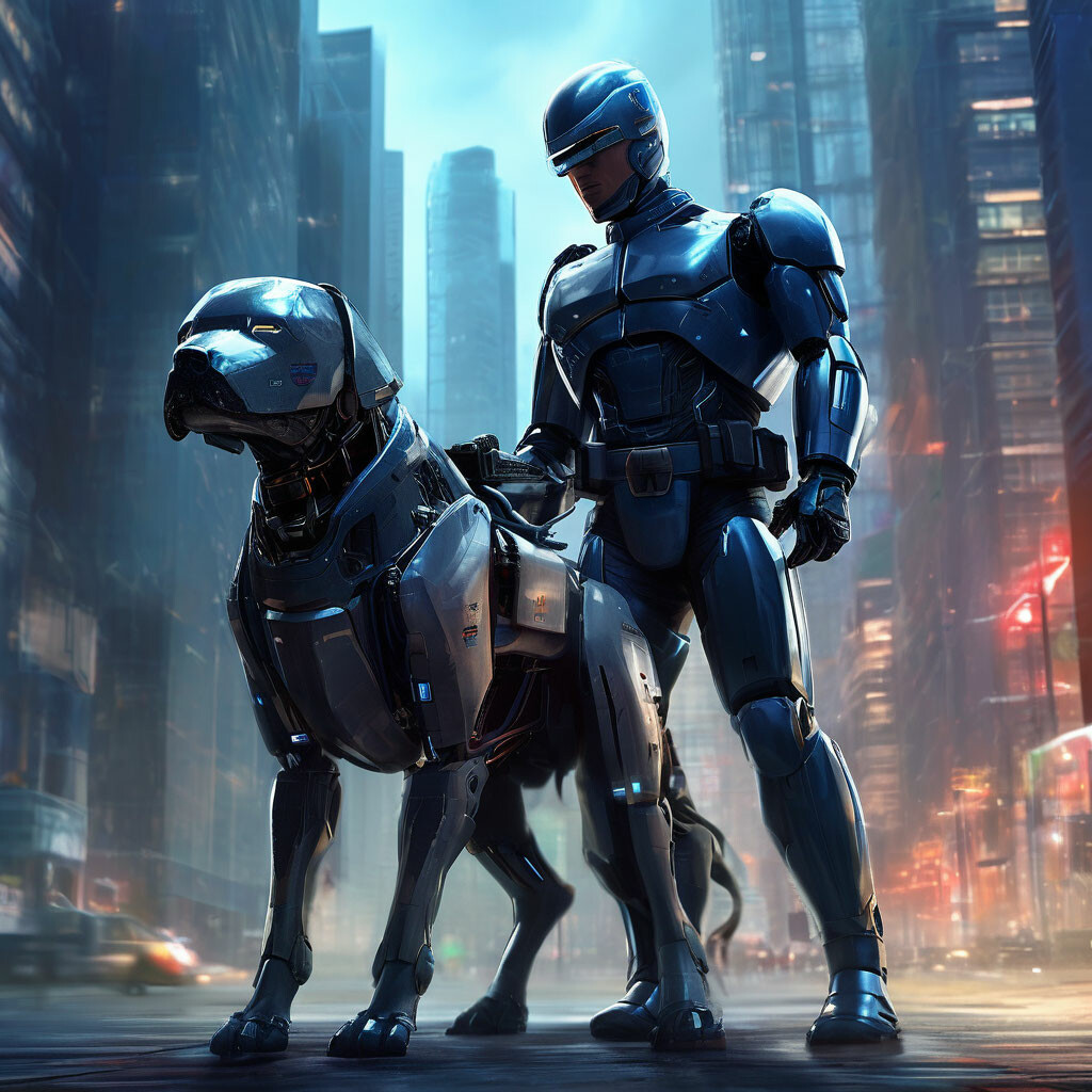 "Police robocop with a robot dog robotics skyscrapers Fantasy Clear ...