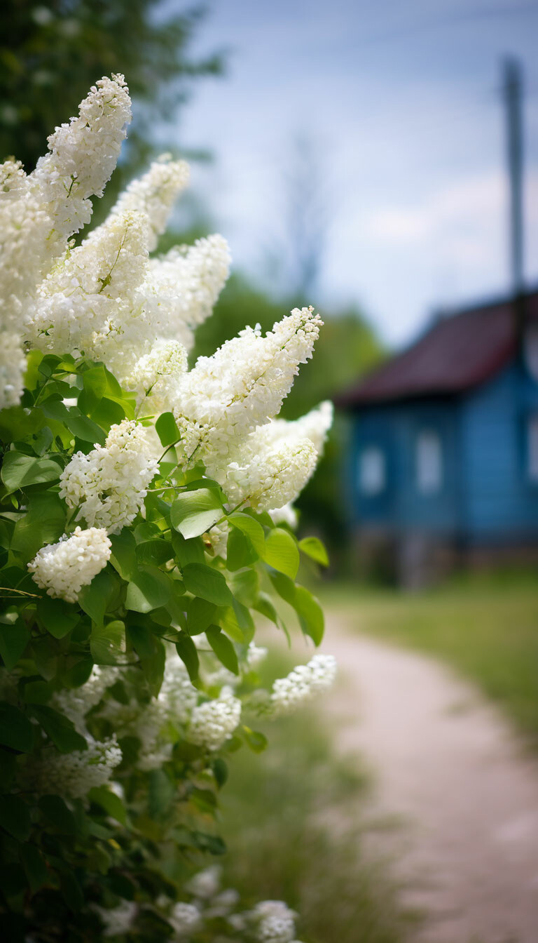 "Tilt shift white lilac,Russian village" — image created in Shedevrum