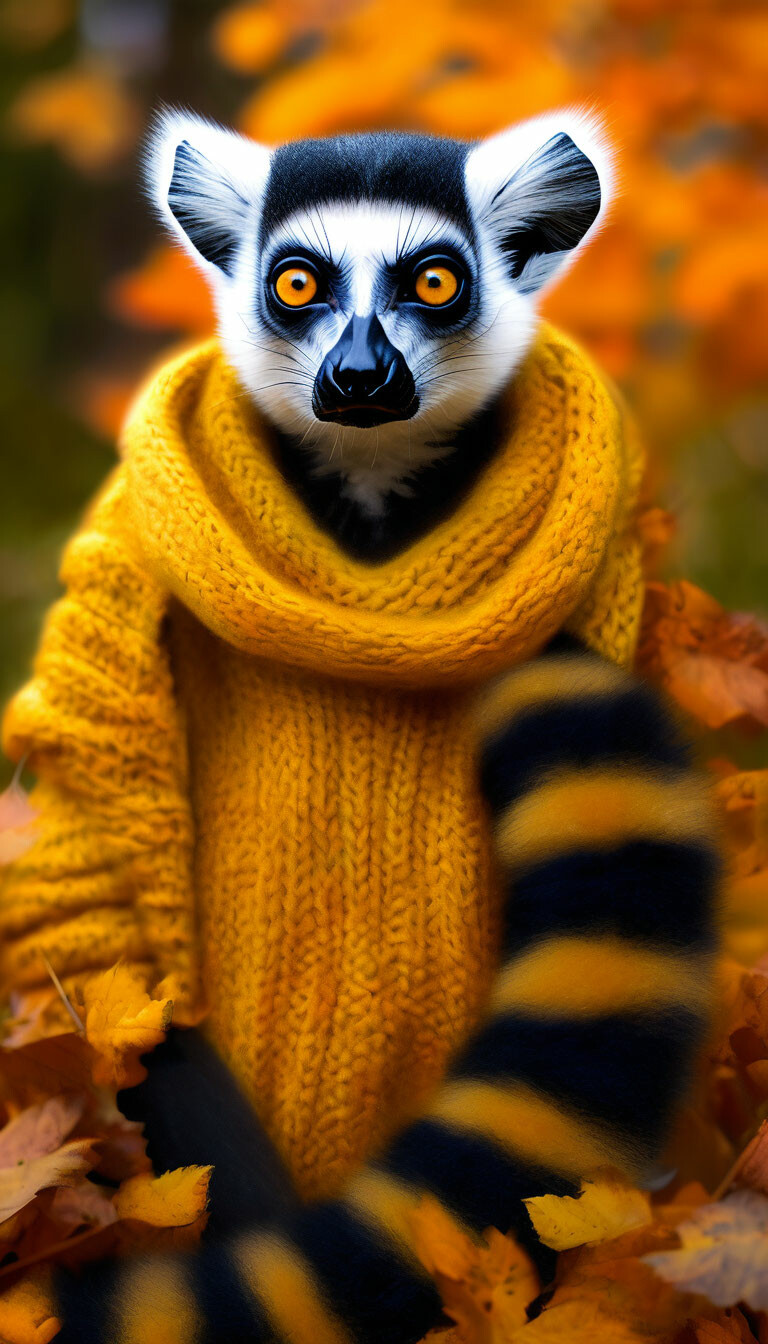 A feline red lemur with a striped tail and a beautiful girl in a yellow ...