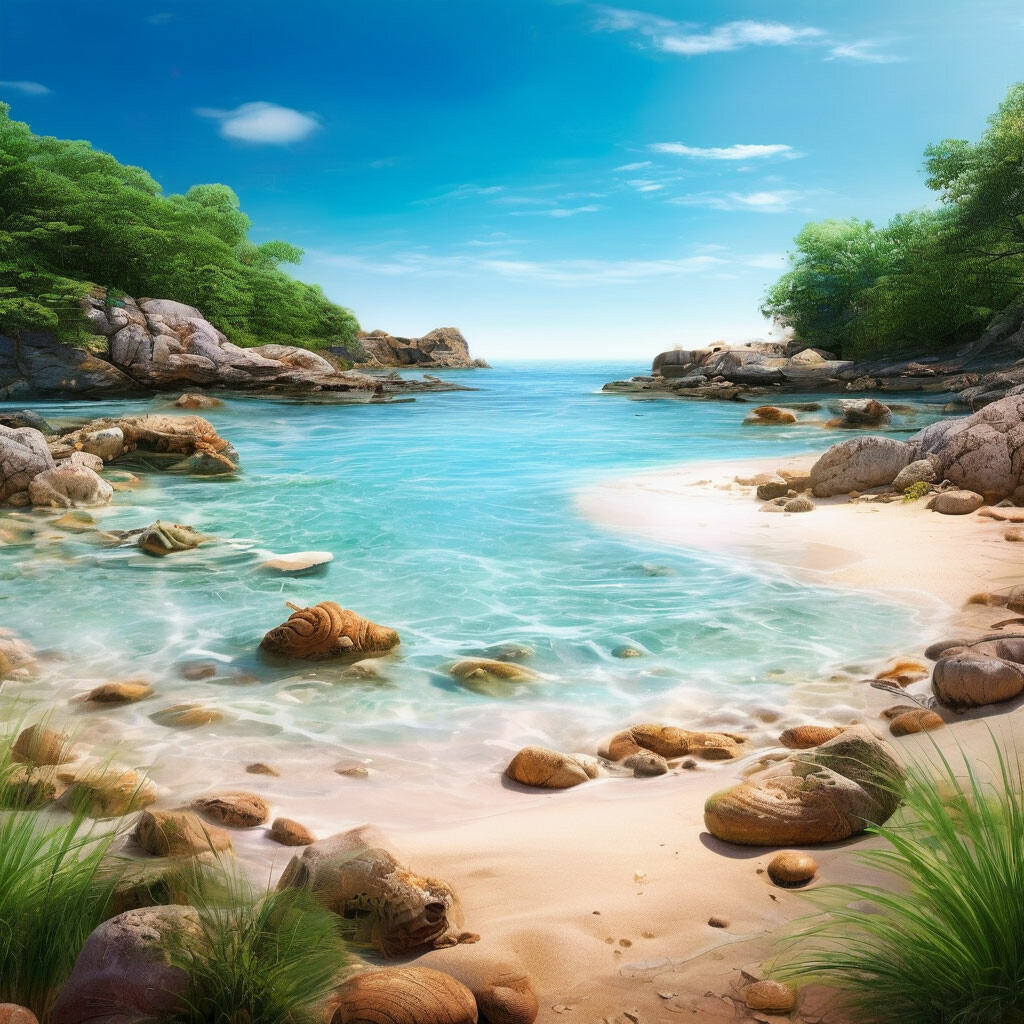 "Blue lagoon, ocean, waves rushing ashore, summer, rocks, bay, grass ...