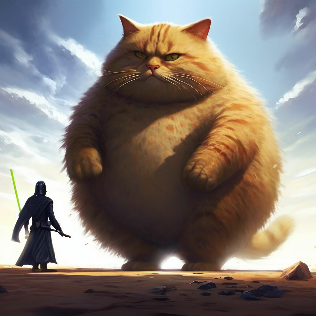 "A Jedi walks a huge fat mega cat" — image created in Shedevrum