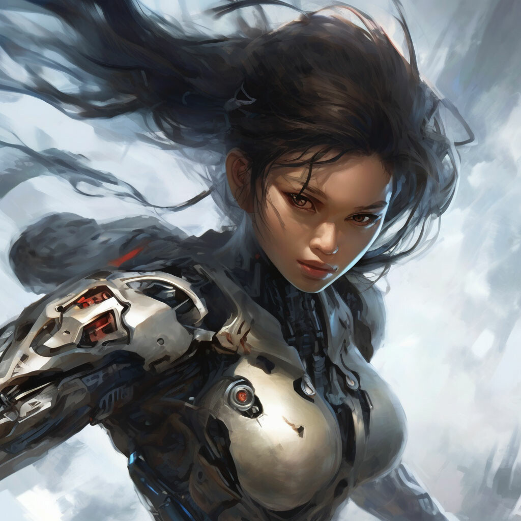 "A fighting cyborg girl in a rapid …" — image created in Shedevrum
