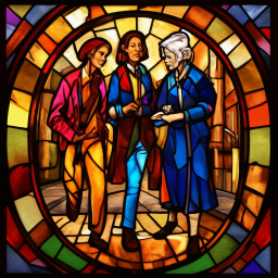 «Pioneers help an old grandmother cross the street, stained glass ...