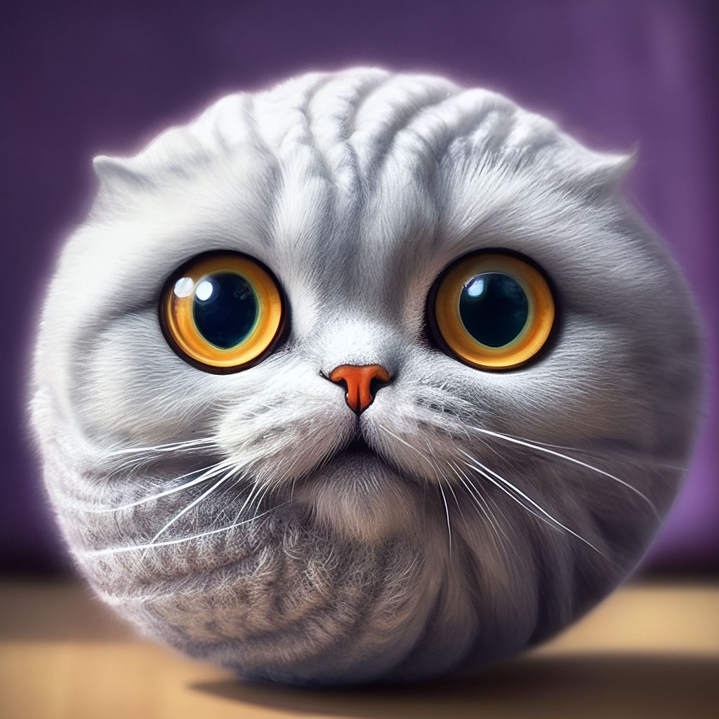 "The cat is a ball like a knitted ball of yarn huge expressive eyes ...