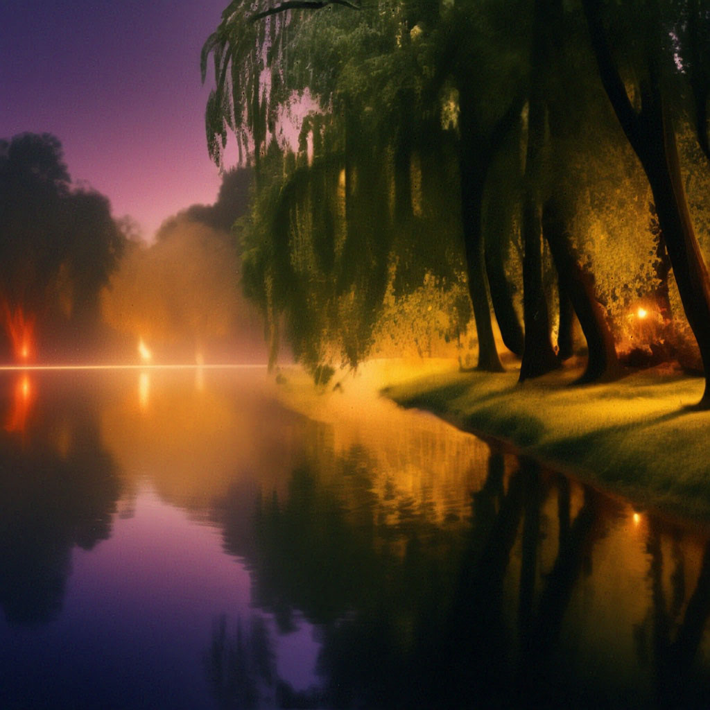 "Dark night, lake shore, willows, airbrushing, luminous glass leaves ...