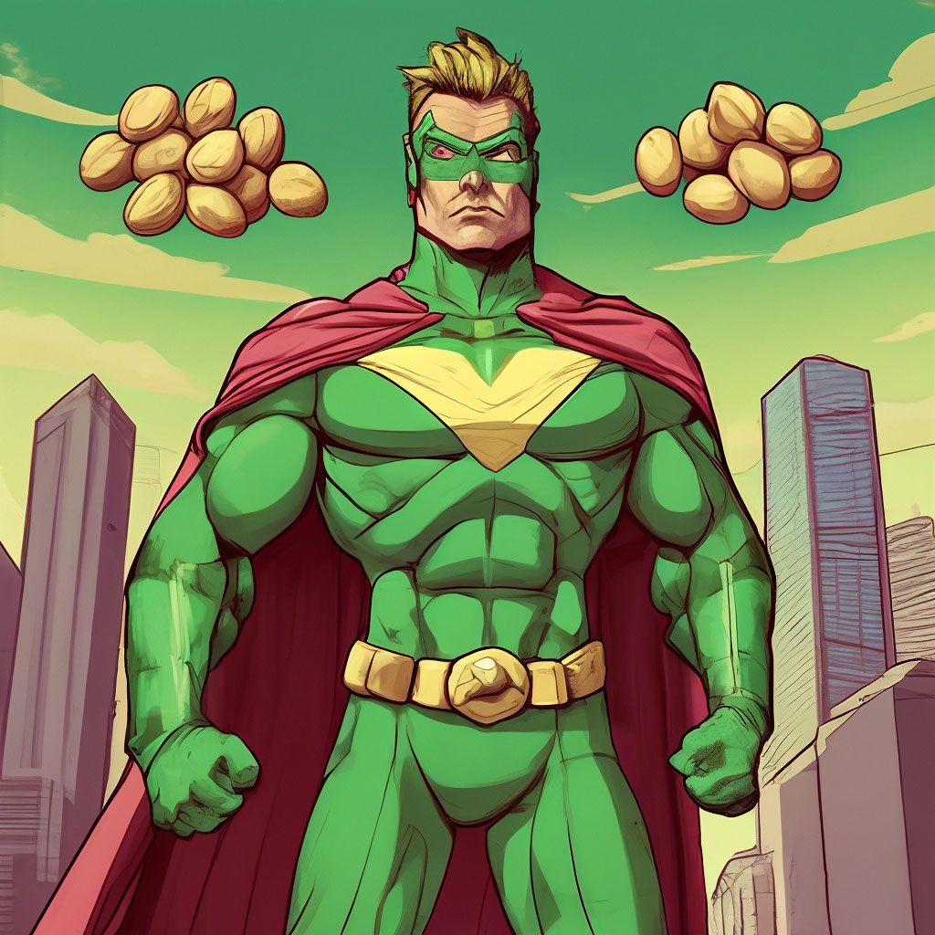 "Superhero Pistachio Man" — image created in Shedevrum