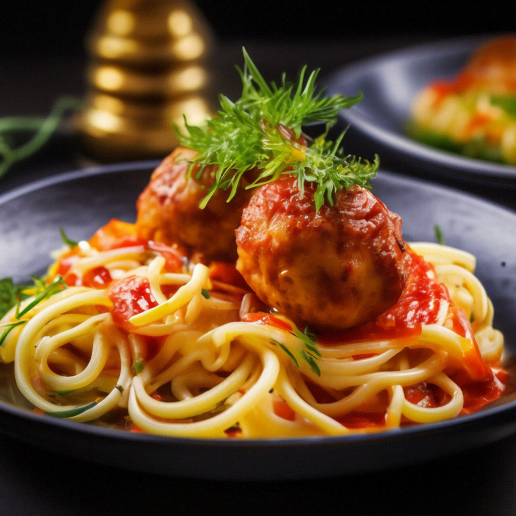 "Juicy cod meatballs, served with linguine, haute cuisine dish, food ...