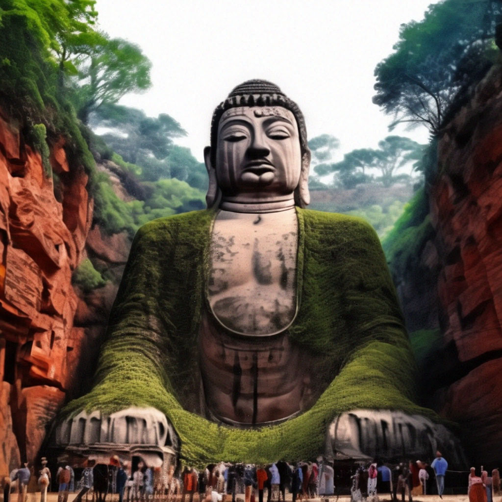 "China, Leshan Giant Budda, multi-layered watercolor with ink drawing ...