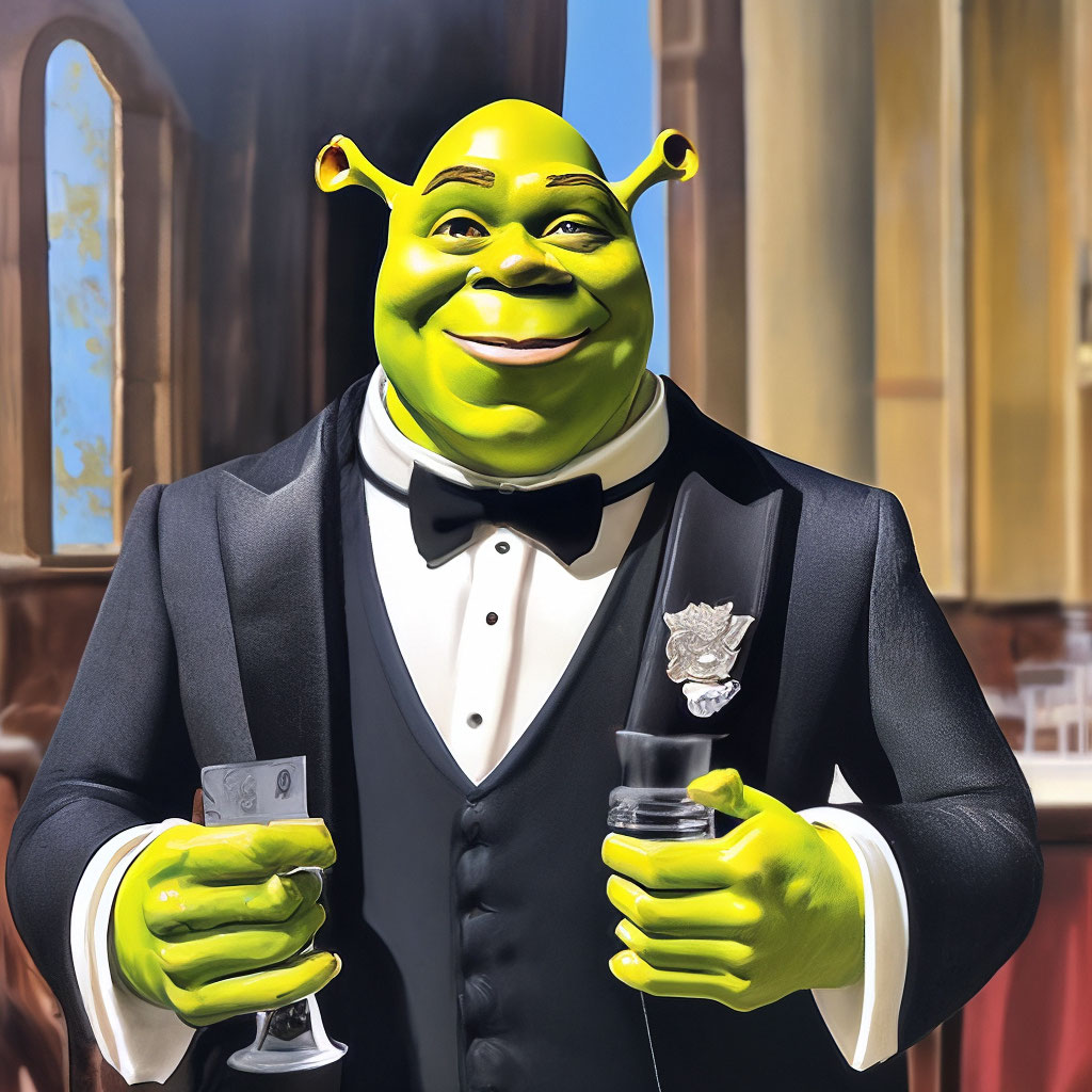"Shrek is a gentleman at a formal meeting in a black tuxedo" — image ...