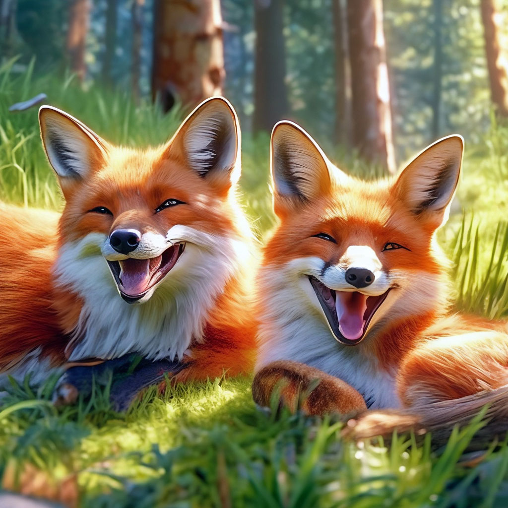 "Two red foxes lie on the grass and smile, tan in a sunny clearing ...