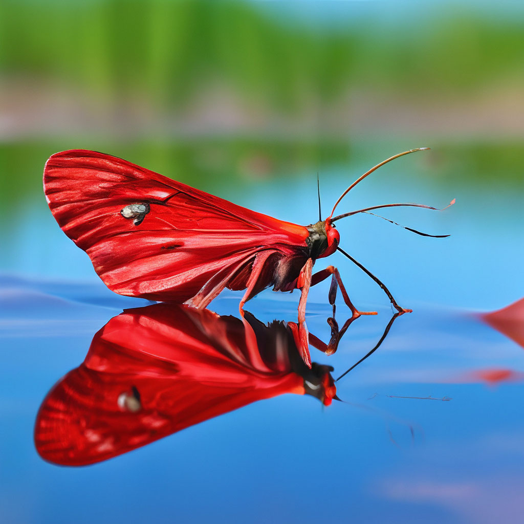 "A bright scarlet moth, wings folded, sideways view from the left ...