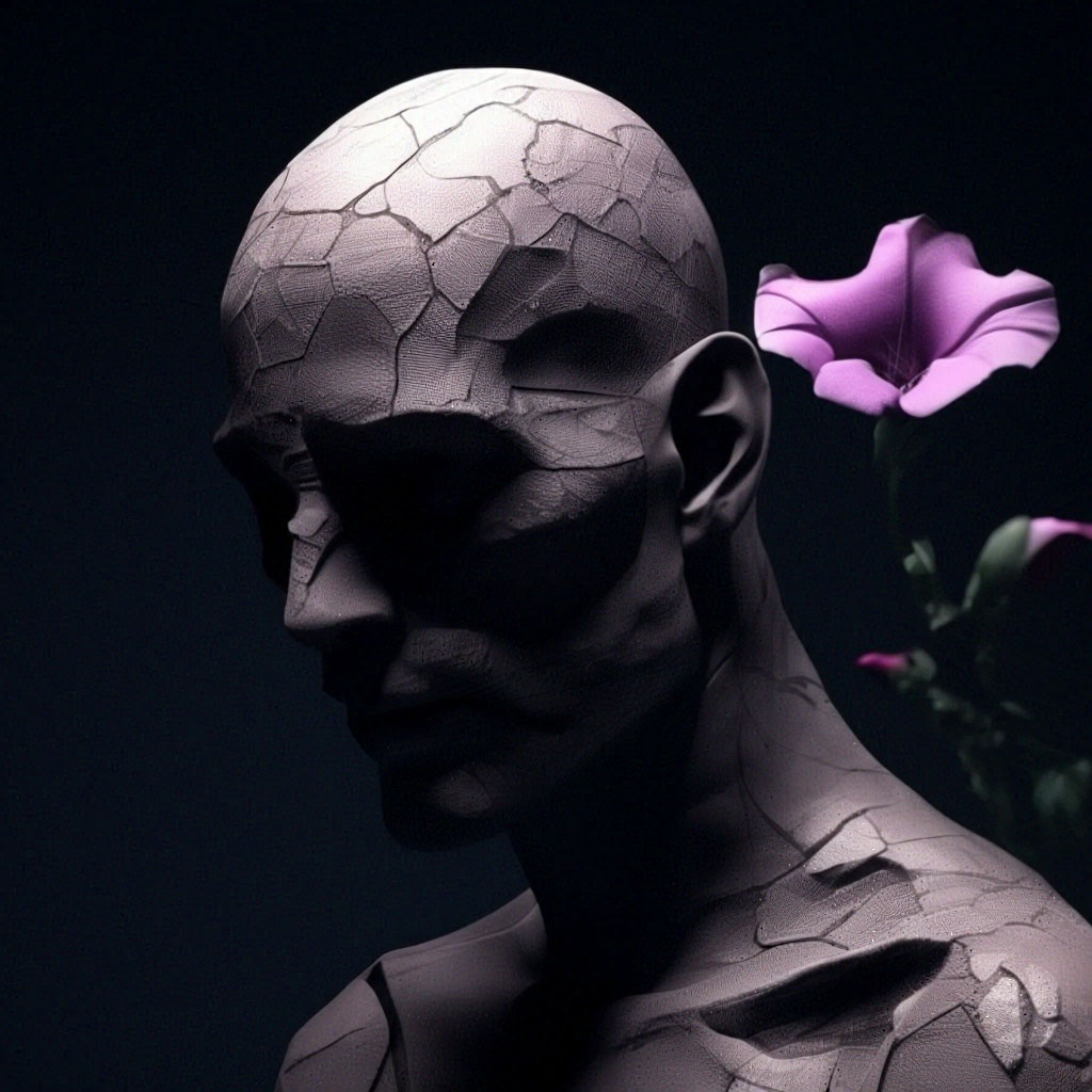 "Create a 3D model of a man made of gray cracked clay, stylized 3D ...