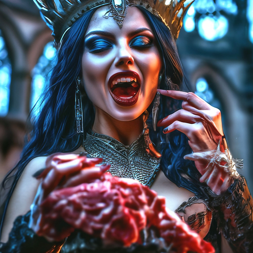 "🏴‍☠️ fangs, a beautiful vampire rips raw meat with her fangs, with her ...