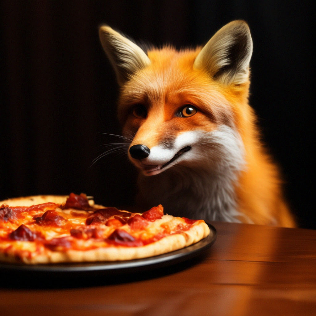 "The fox is eating a piece of pizza" — image created in Shedevrum