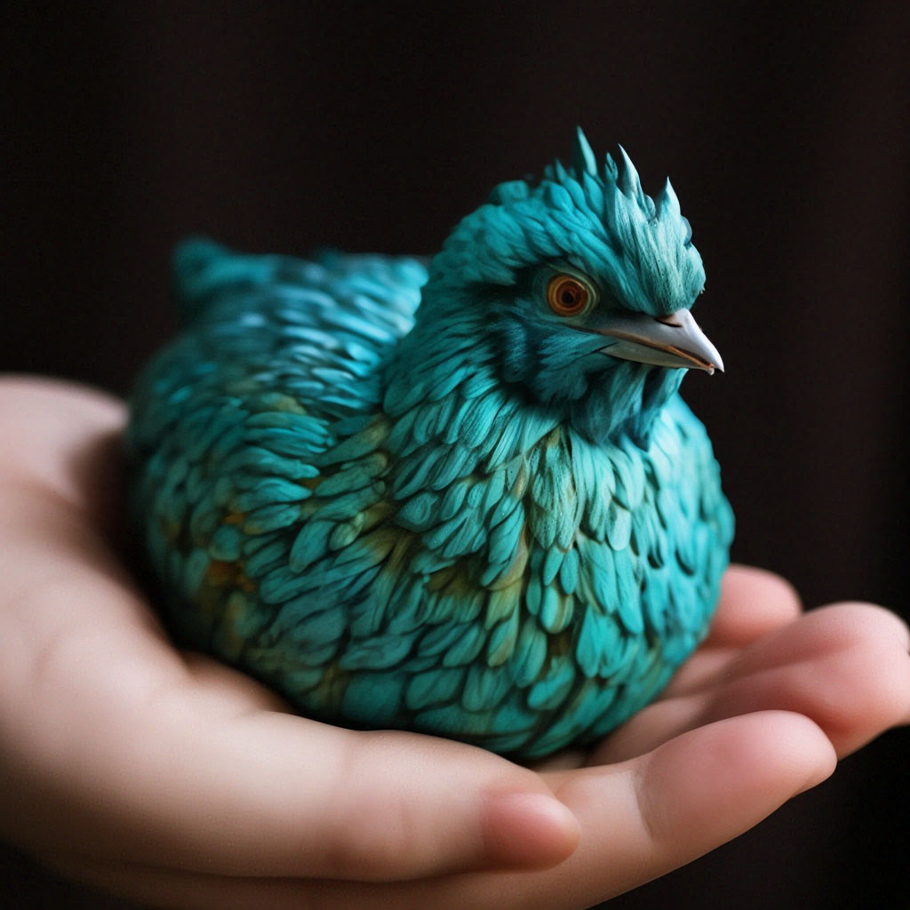 "Turquoise chicken in the palm of your hand" — image created in Shedevrum